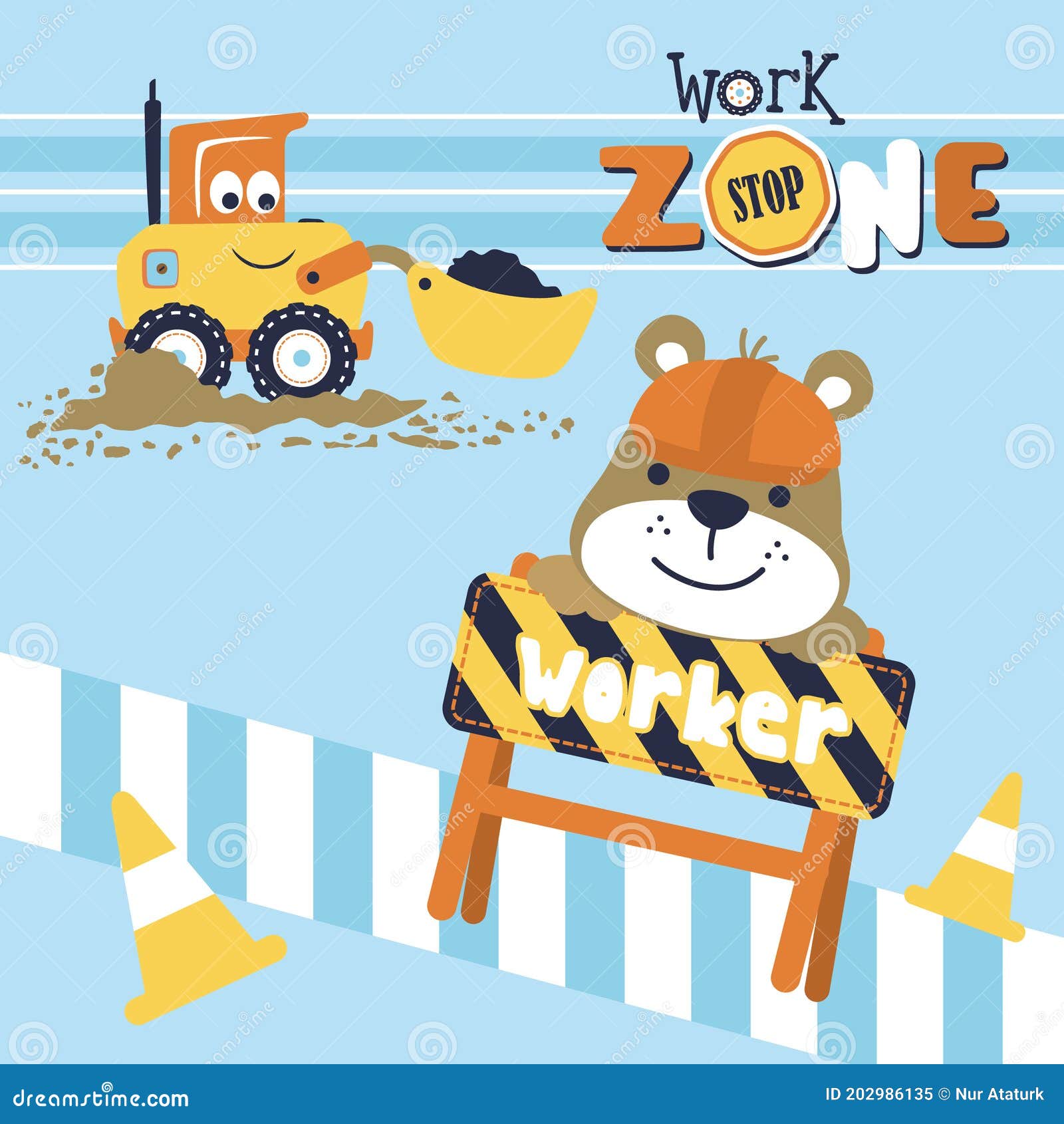 Work Zone Cartoon, Funny Worker with Smiling Construction Vehicle Stock ...