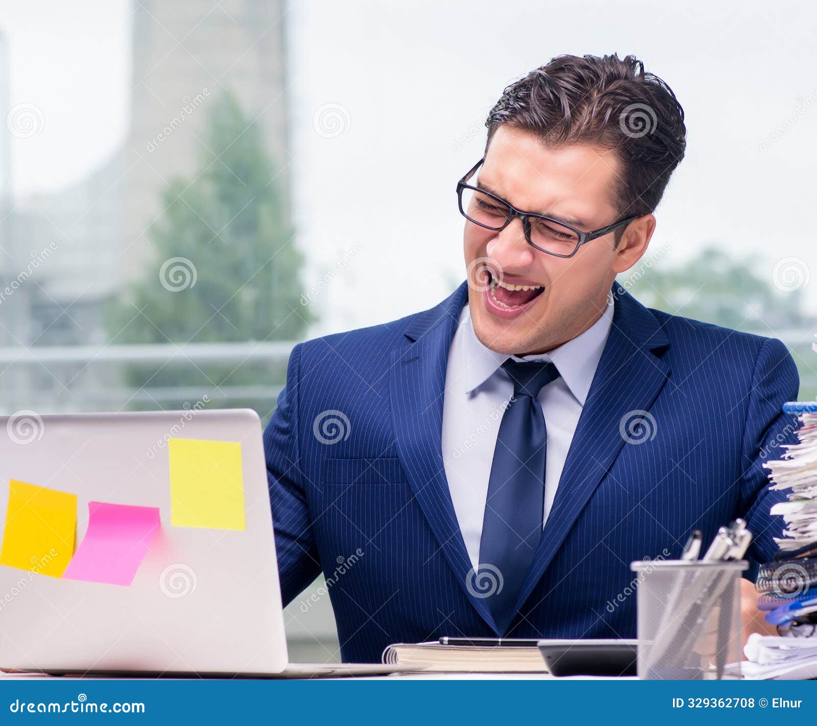 Workaholic Businessman Overworked with Too Much Work in Office Stock ...