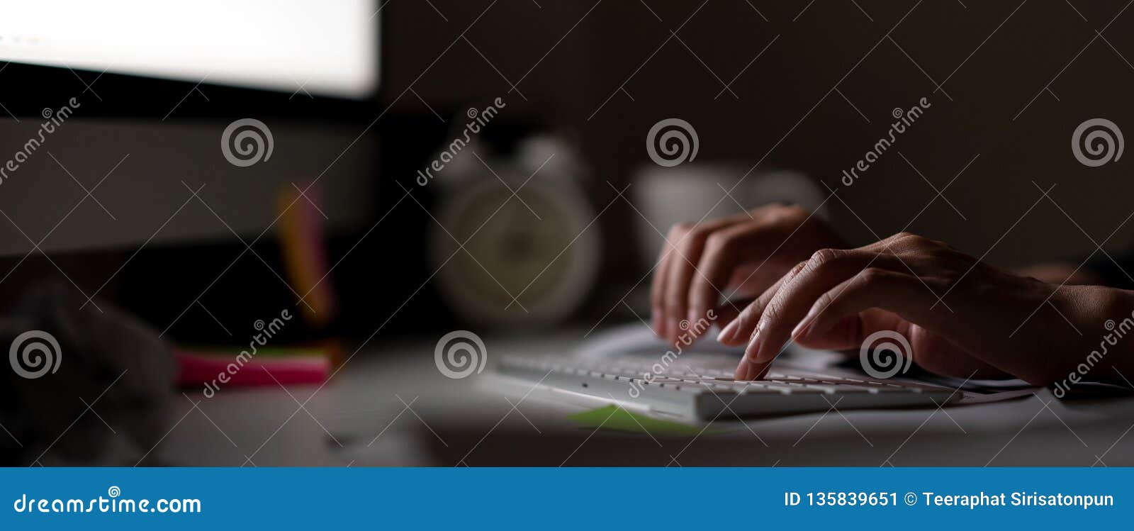 Workaholic Hand Typing Keyboard In Dark Late Night With Computer Screen ...
