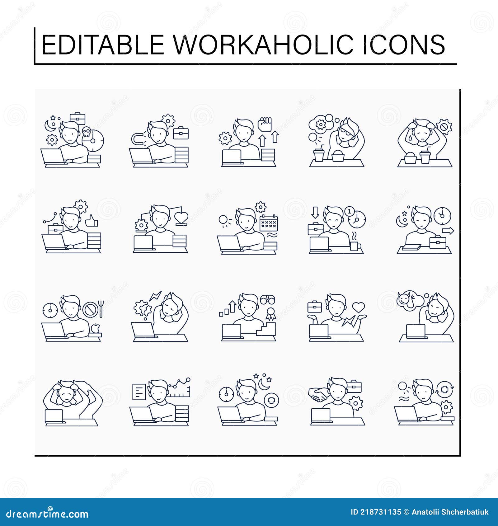 Workaholic line icons set stock vector. Illustration of workaholism ...