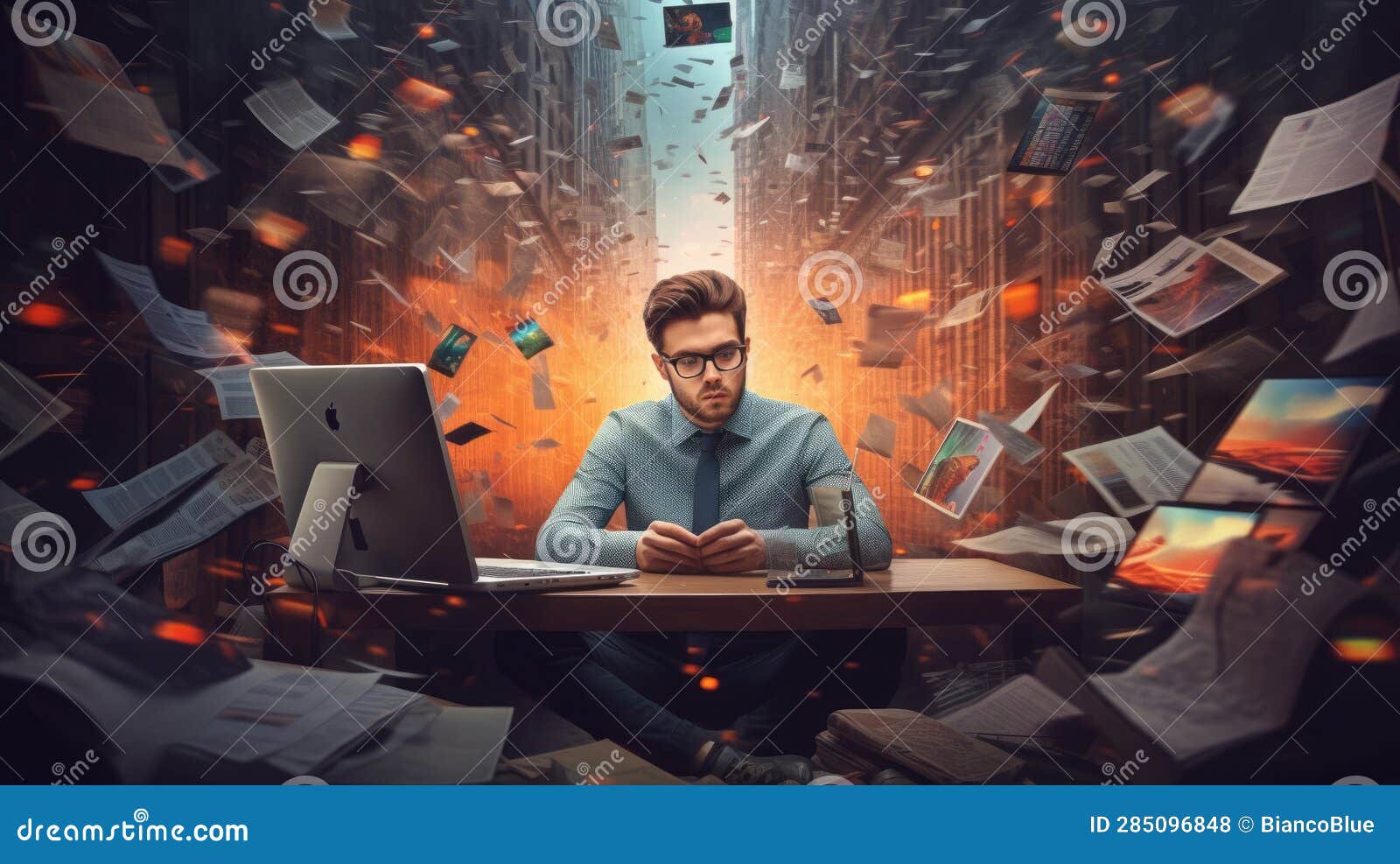 A Workaholic Man Sitting at a Desk and Working at Laptop Surrounded by ...