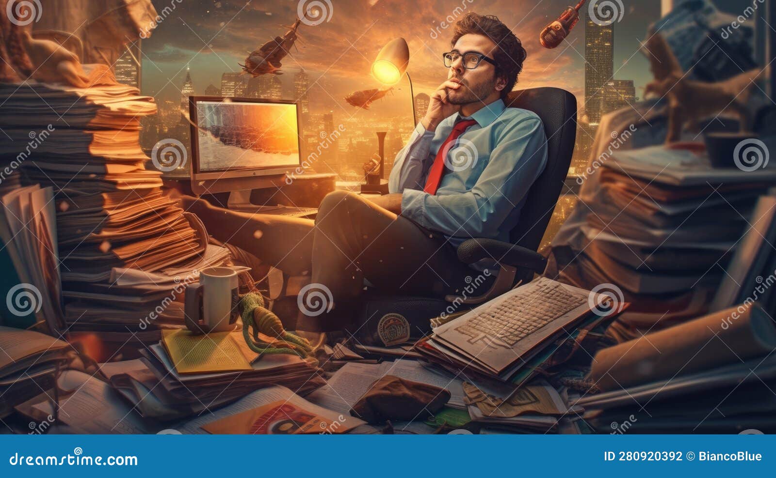 A Workaholic Man Sitting at a Desk and Working at Laptop Surrounded by ...