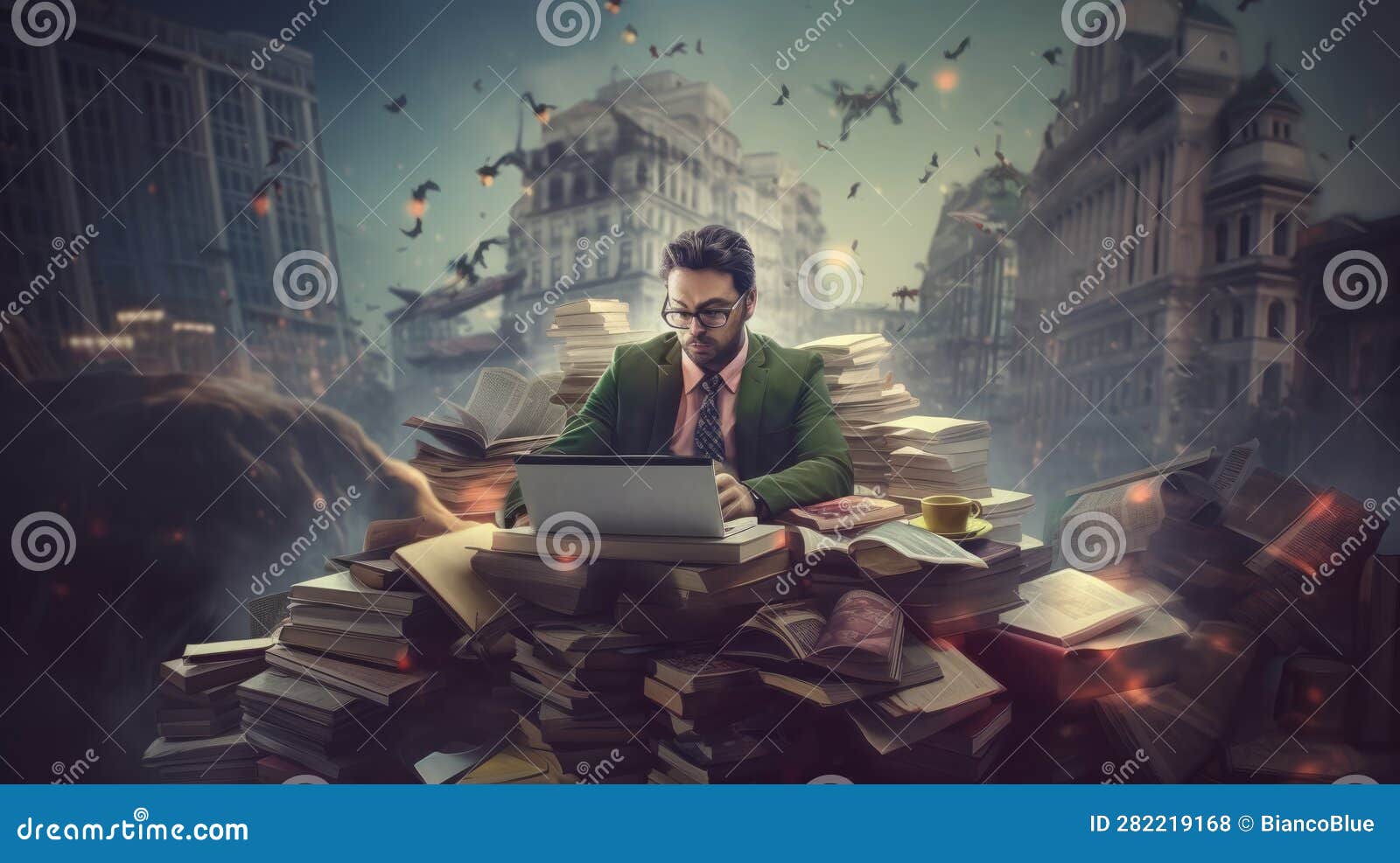 A Workaholic Man Sitting at a Desk and Working at Laptop Surrounded by ...