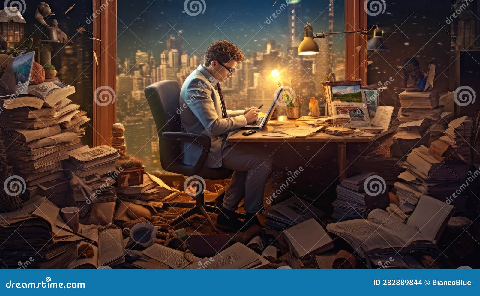 A Workaholic Man Sitting at a Desk and Working at Laptop Surrounded by ...