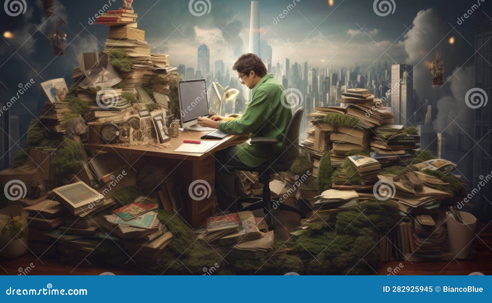 A Workaholic Man Sitting at a Desk and Working at Laptop Surrounded by ...