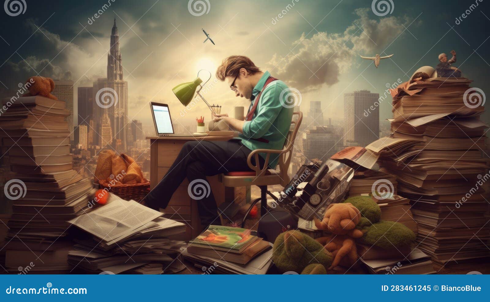 A Workaholic Man Sitting at a Desk and Working at Laptop Surrounded by ...