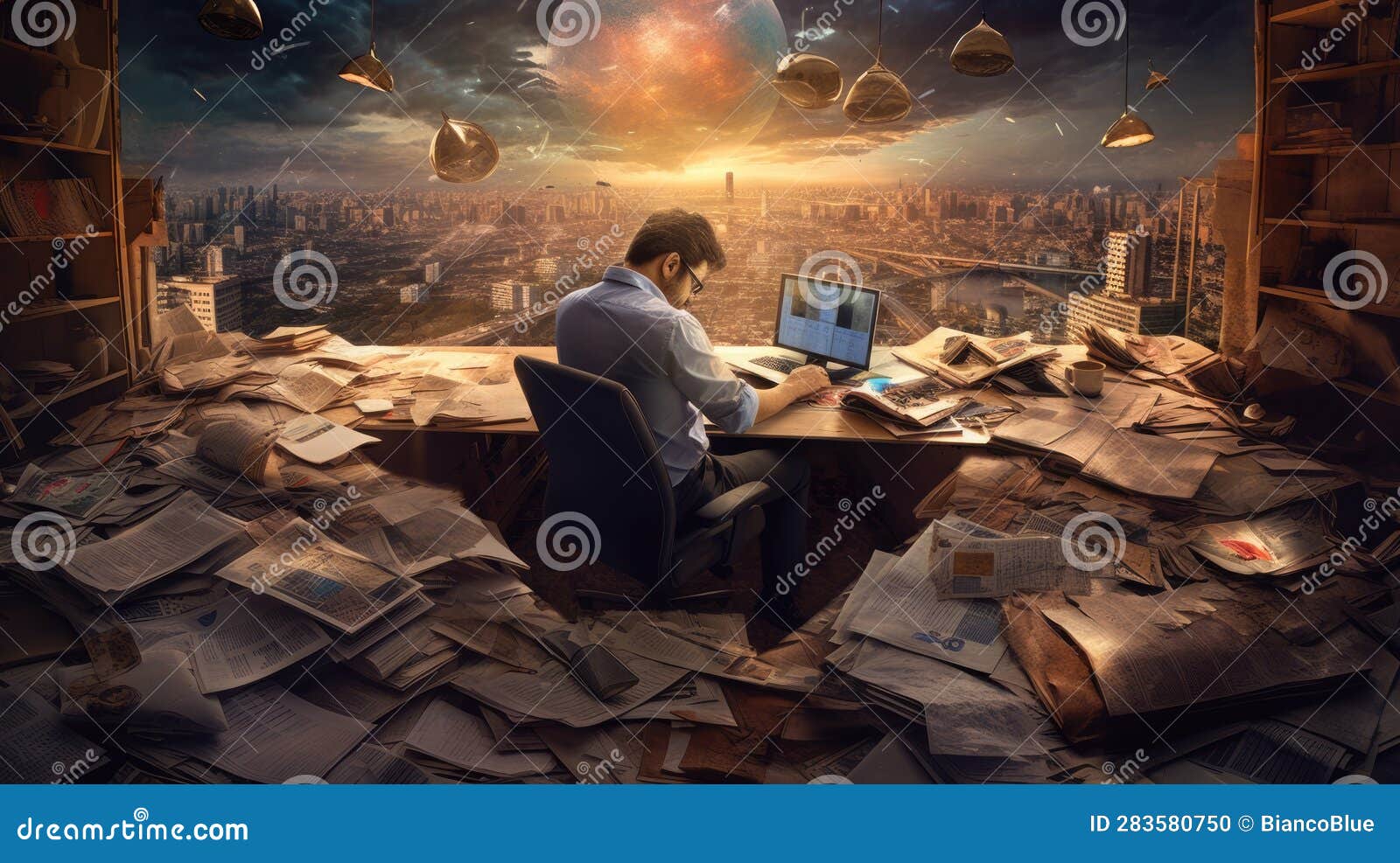 A Workaholic Man Sitting at a Desk and Working at Laptop Surrounded by ...