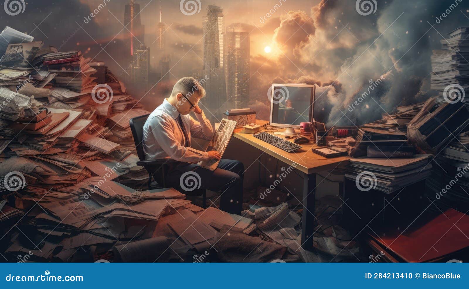 A Workaholic Man Sitting at a Desk and Working at Laptop Surrounded by ...