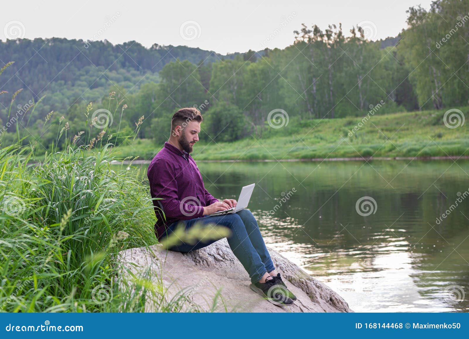 Workaholic Man Working on Laptop during Vacation, Remote Work, View ...