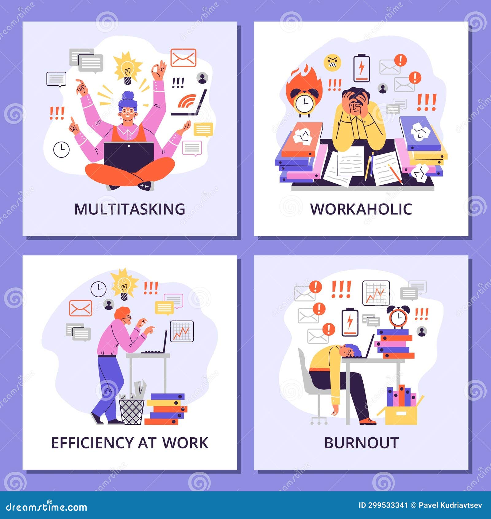 Workaholic People Posters Set, Flat Vector Illustrations. Stock Vector ...