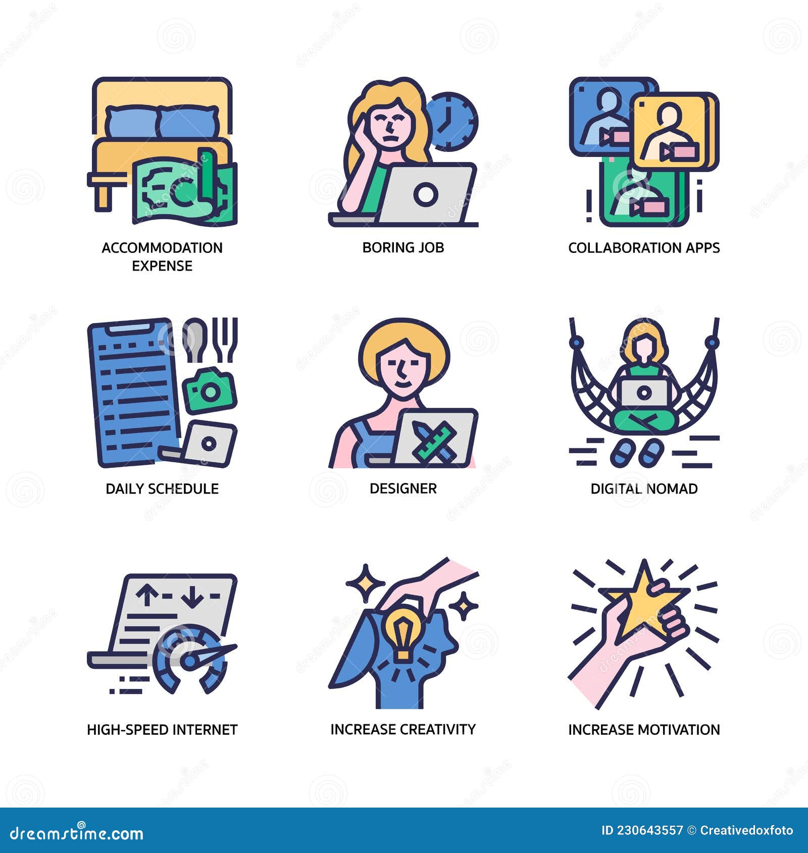 Workation Icons Set stock vector. Illustration of woliday - 230643557