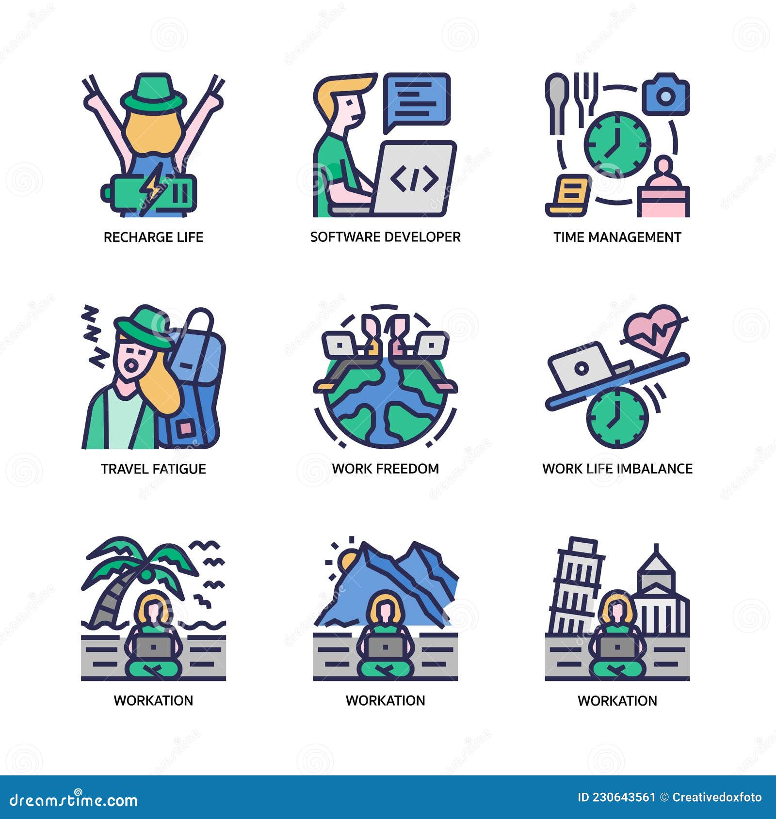 Workation Icons Set stock vector. Illustration of recharge - 230643561