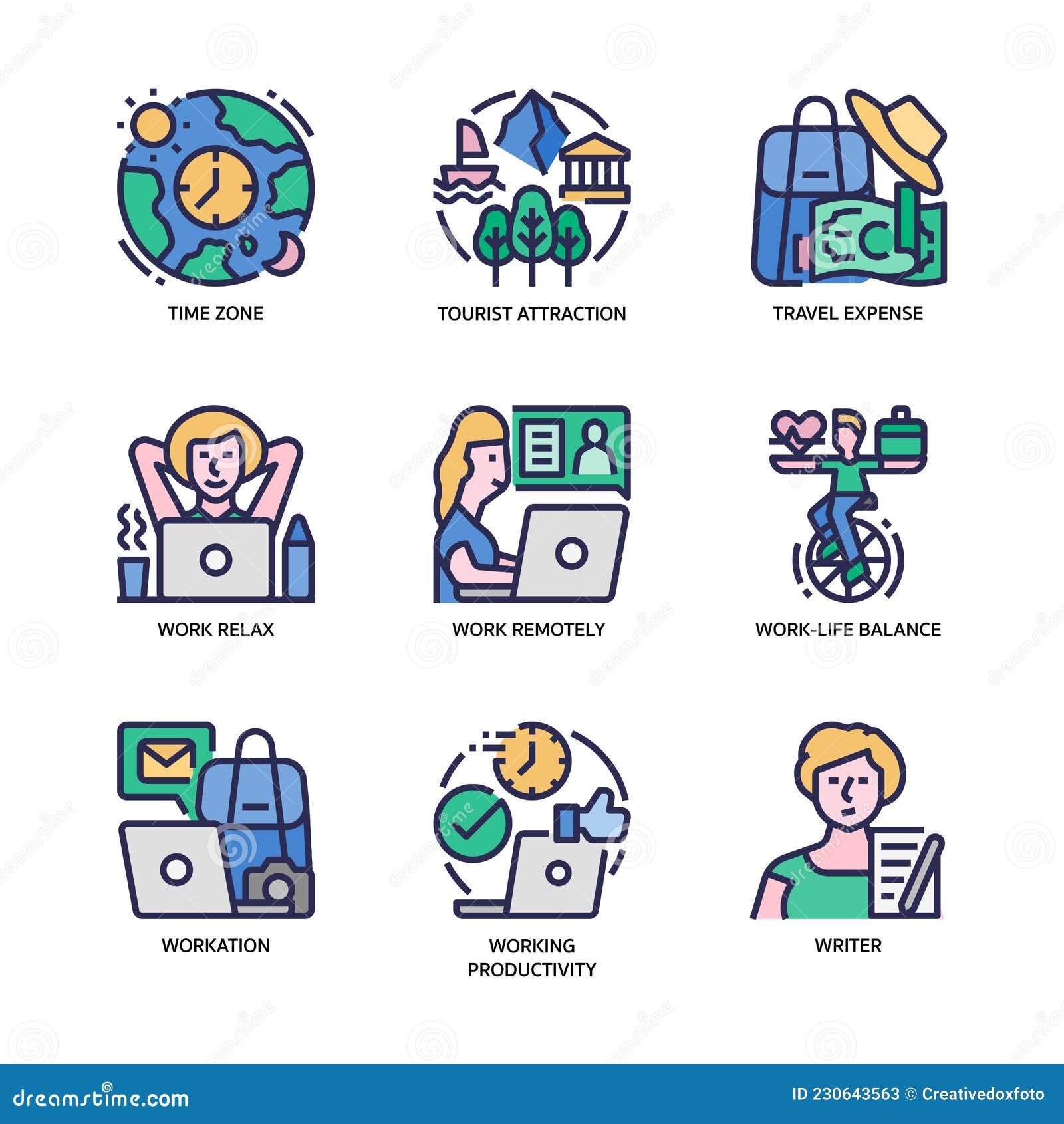 Workation Icons Set stock vector. Illustration of digital - 230643563