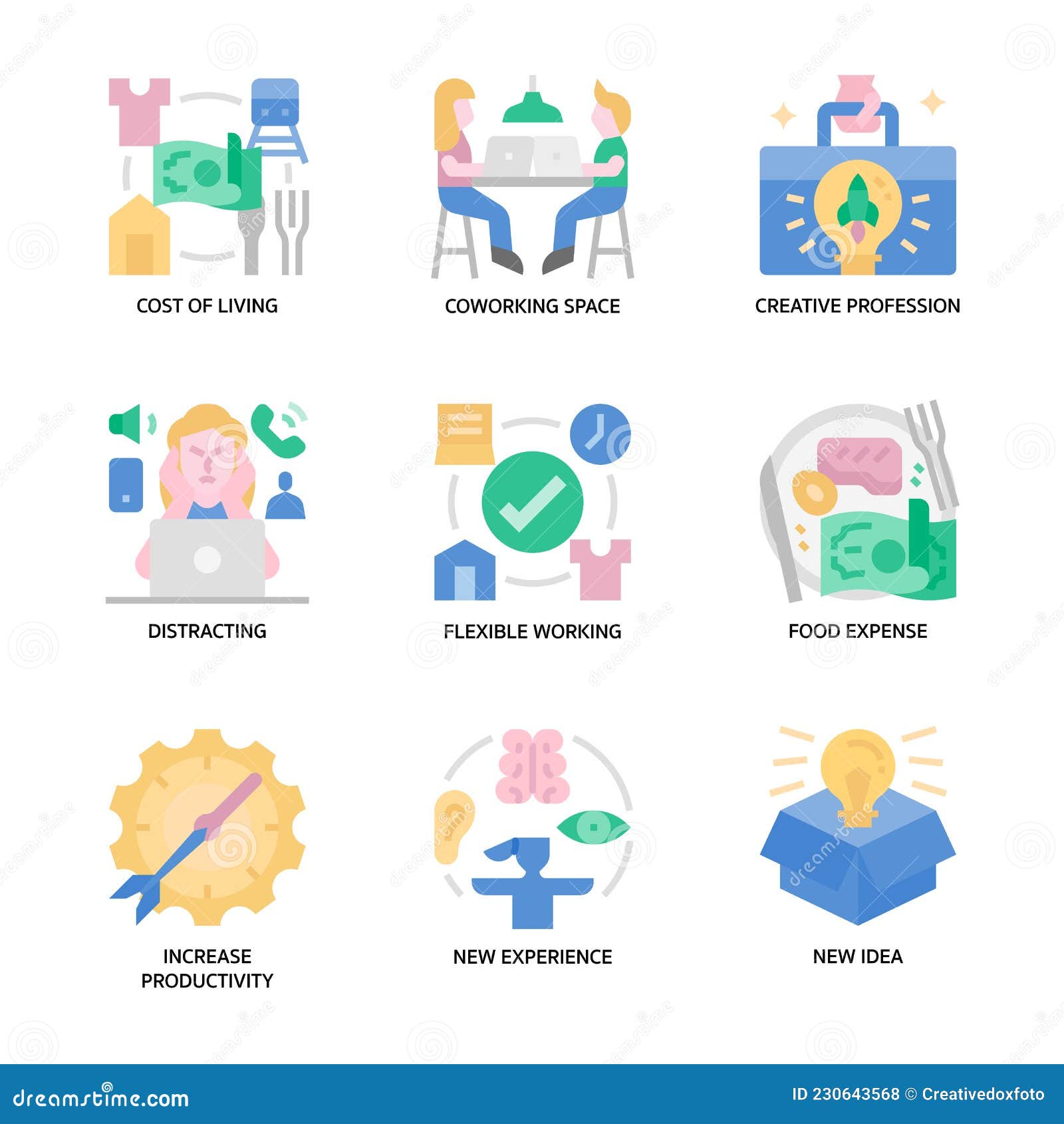 Workation Icons Set stock vector. Illustration of flat - 230643568