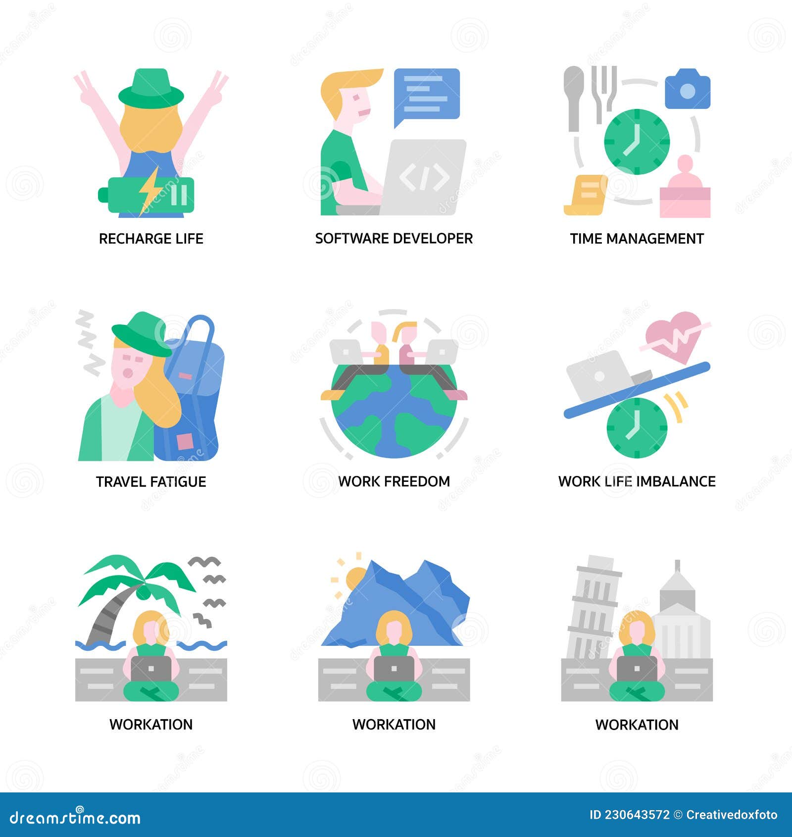 Workation Icons Set stock vector. Illustration of tourist - 230643572