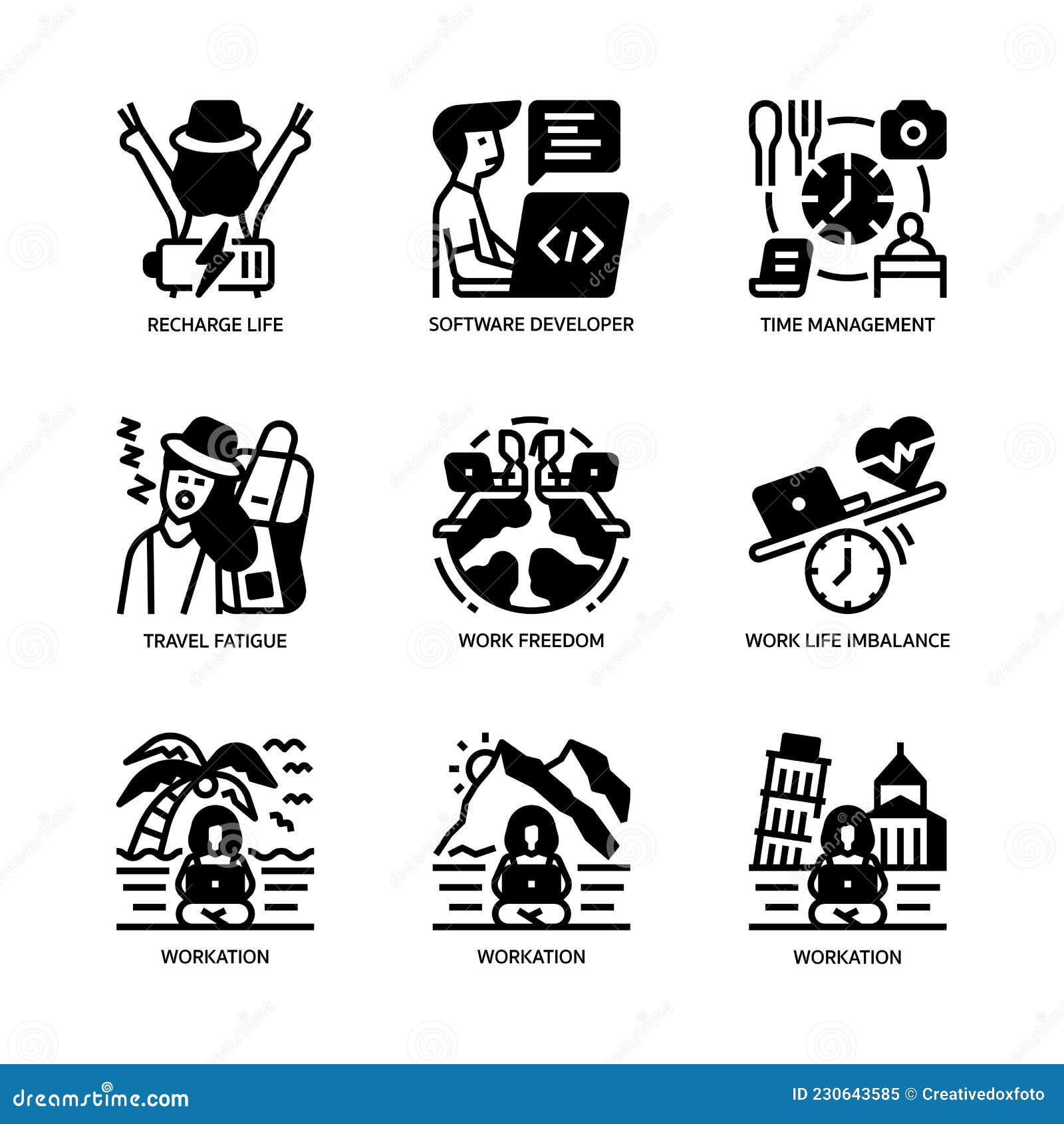 Workation Icons Set stock vector. Illustration of tourism - 230643585