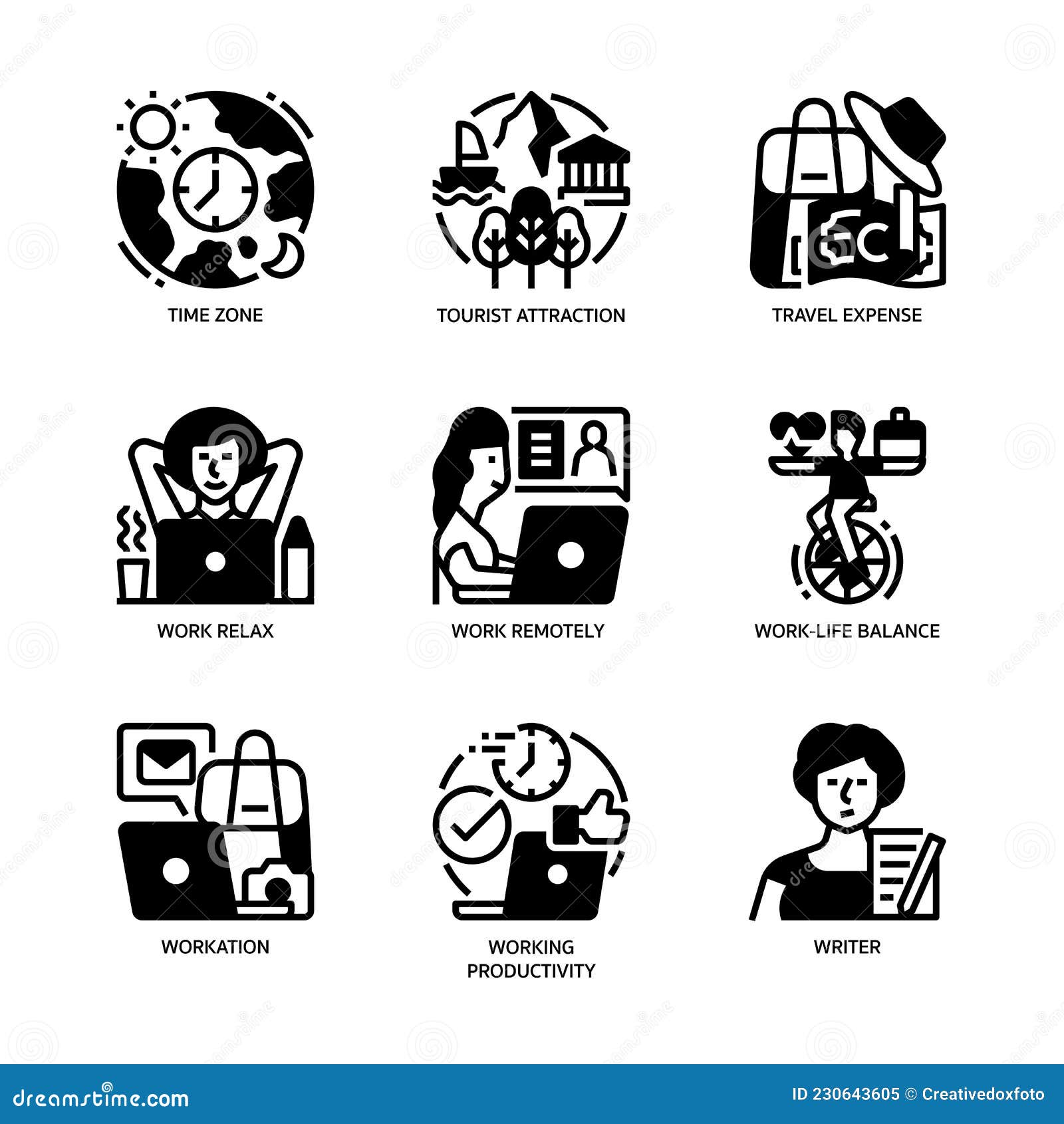 Workation Icons Set stock vector. Illustration of style - 230643605