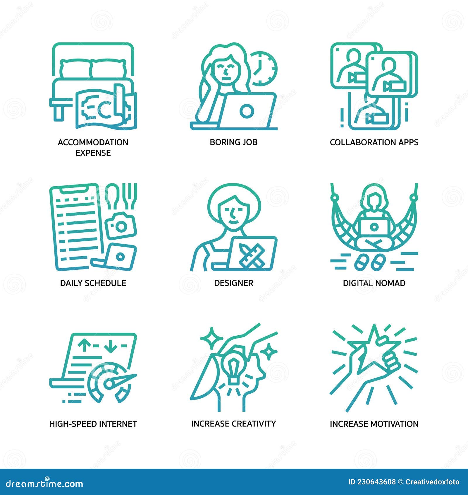 Workation Icons Set stock vector. Illustration of icons - 230643608