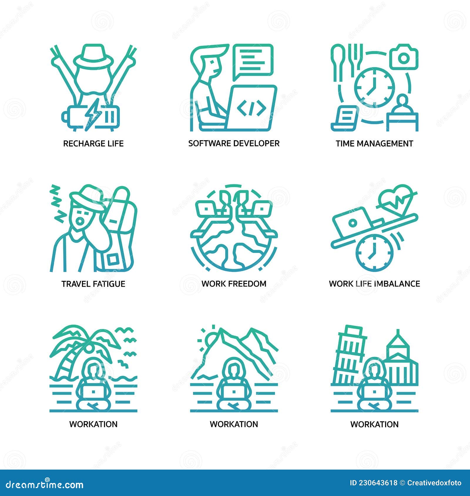 Workation Icons Set stock vector. Illustration of nomad - 230643618