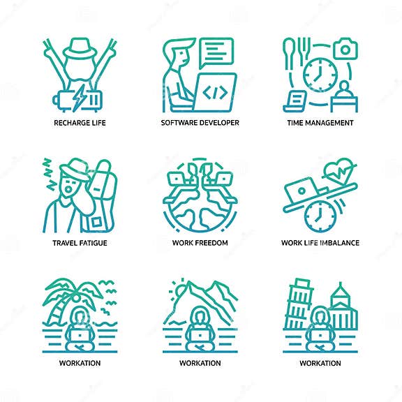 Workation Icons Set stock vector. Illustration of nomad - 230643618