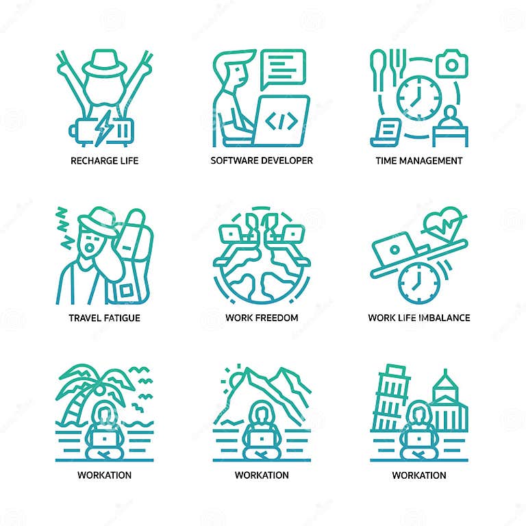Workation Icons Set stock vector. Illustration of nomad - 230643618