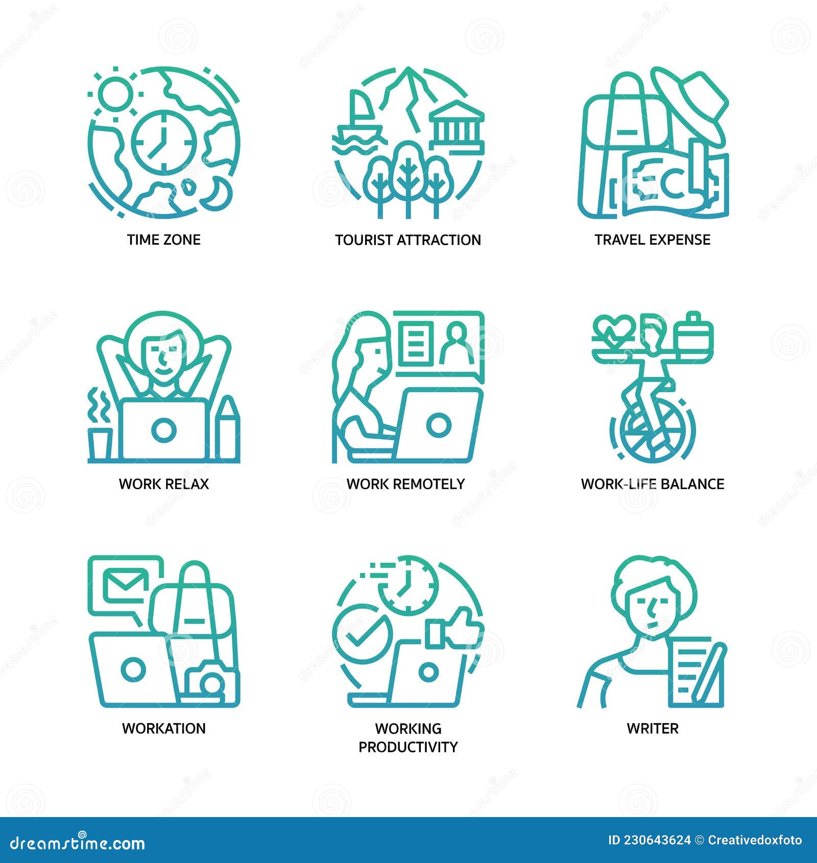 Workation Icons Set stock vector. Illustration of workation - 230643624