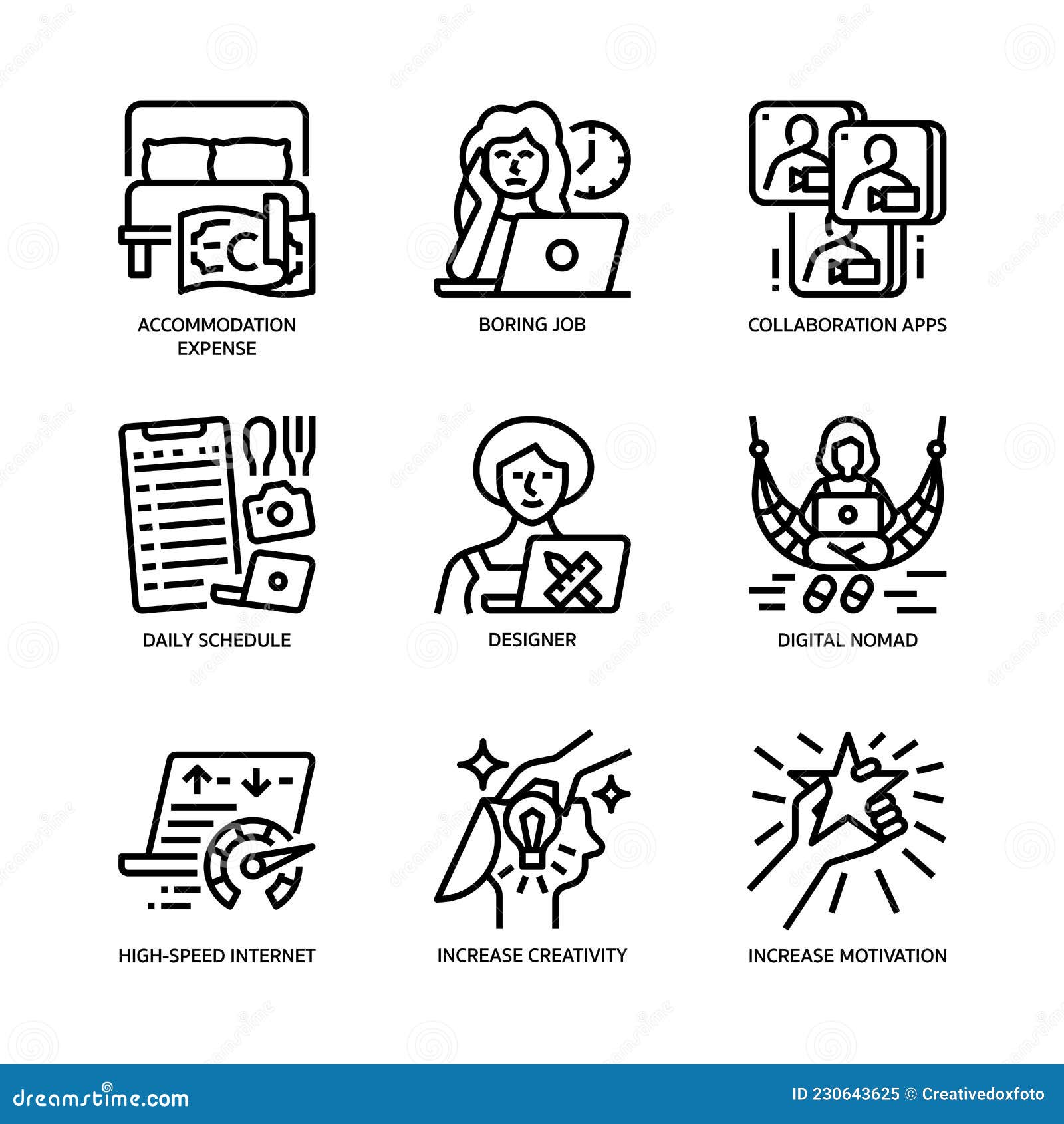 Workation Icons Set stock vector. Illustration of woliday - 230643625