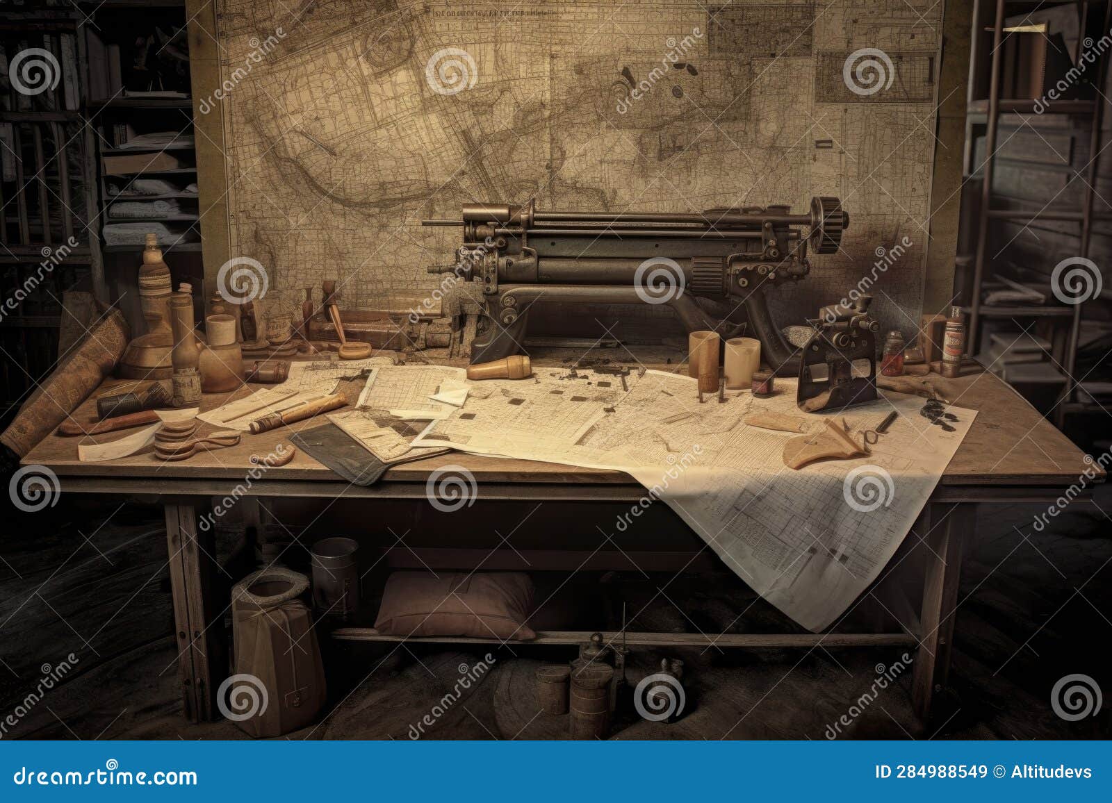 A Workbench with a Disassembled Firearm and Blueprint Stock ...