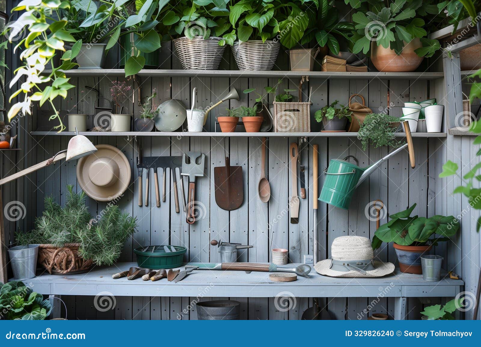 A Cozy Garden Workbench Surrounded by Lush Plants and Gardening Tools ...