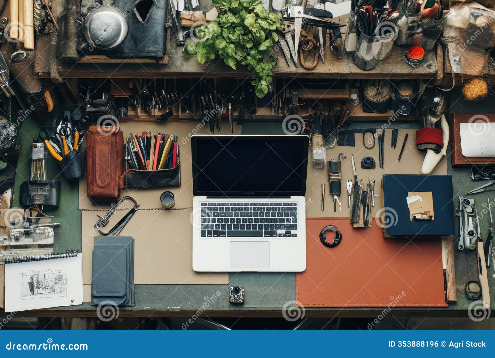 A Messy Workbench With Tools, Nails, And A Blueprint Stock Photography ...