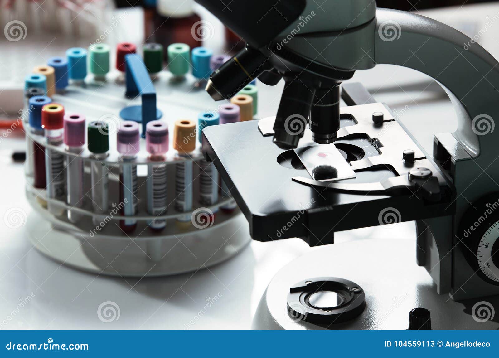 Workbench of Laboratory and Microscope with a Blood Sample on Th Stock ...