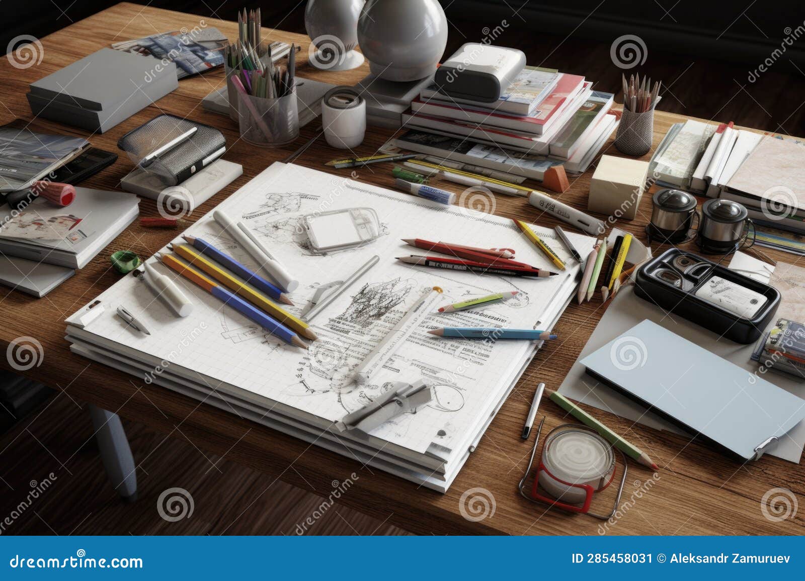 Workbench with Notebook and Pencil. Engineering, Architected Concept ...