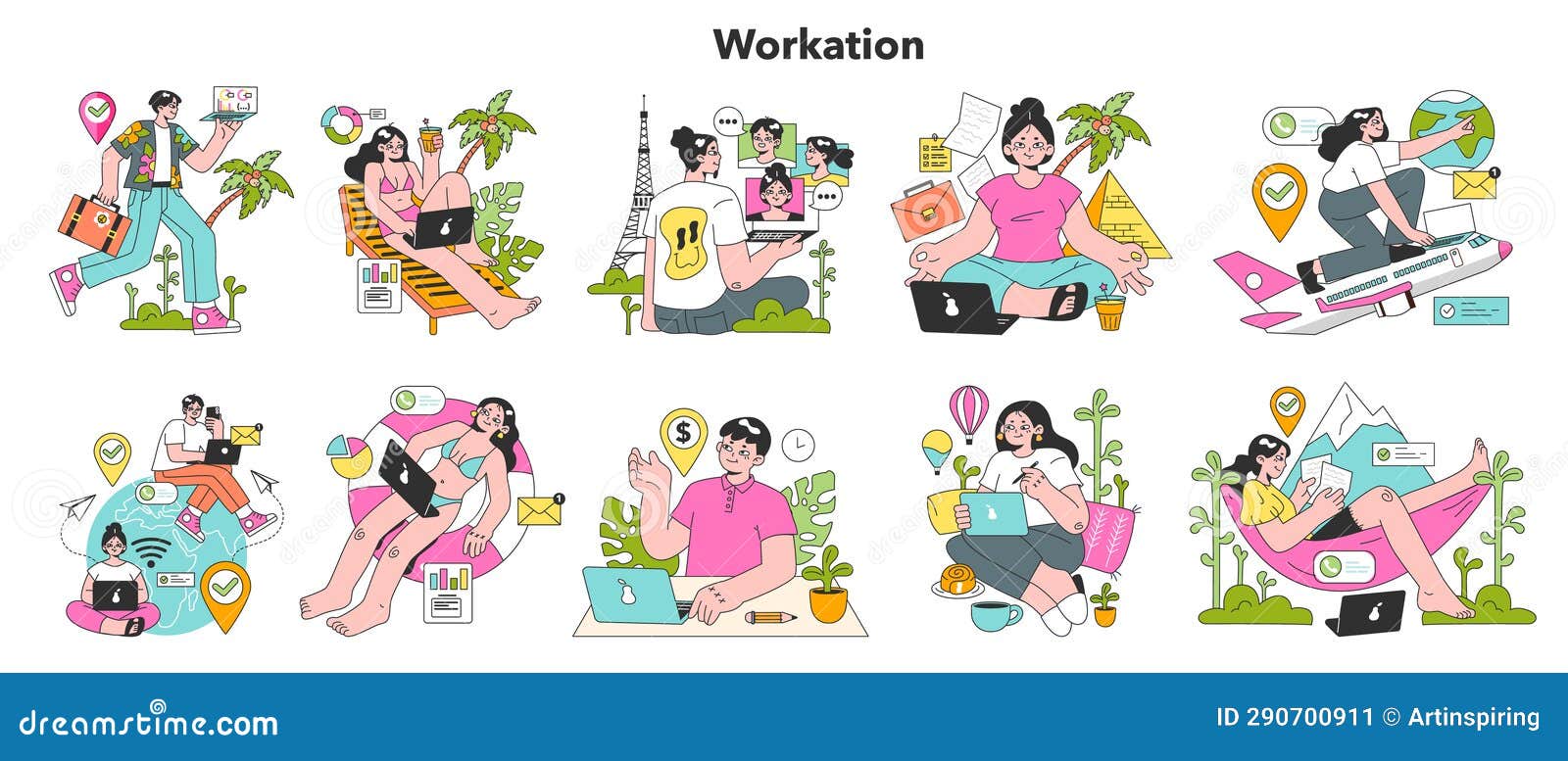Workcation Set. Chatacter Working Away from the Office Stock Vector ...