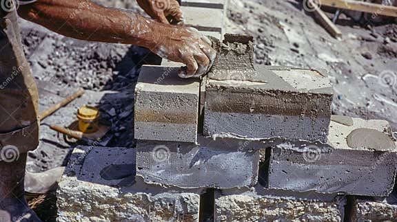 A Worker Adding a Layer of Mortar in between the Blocks Securing Them ...