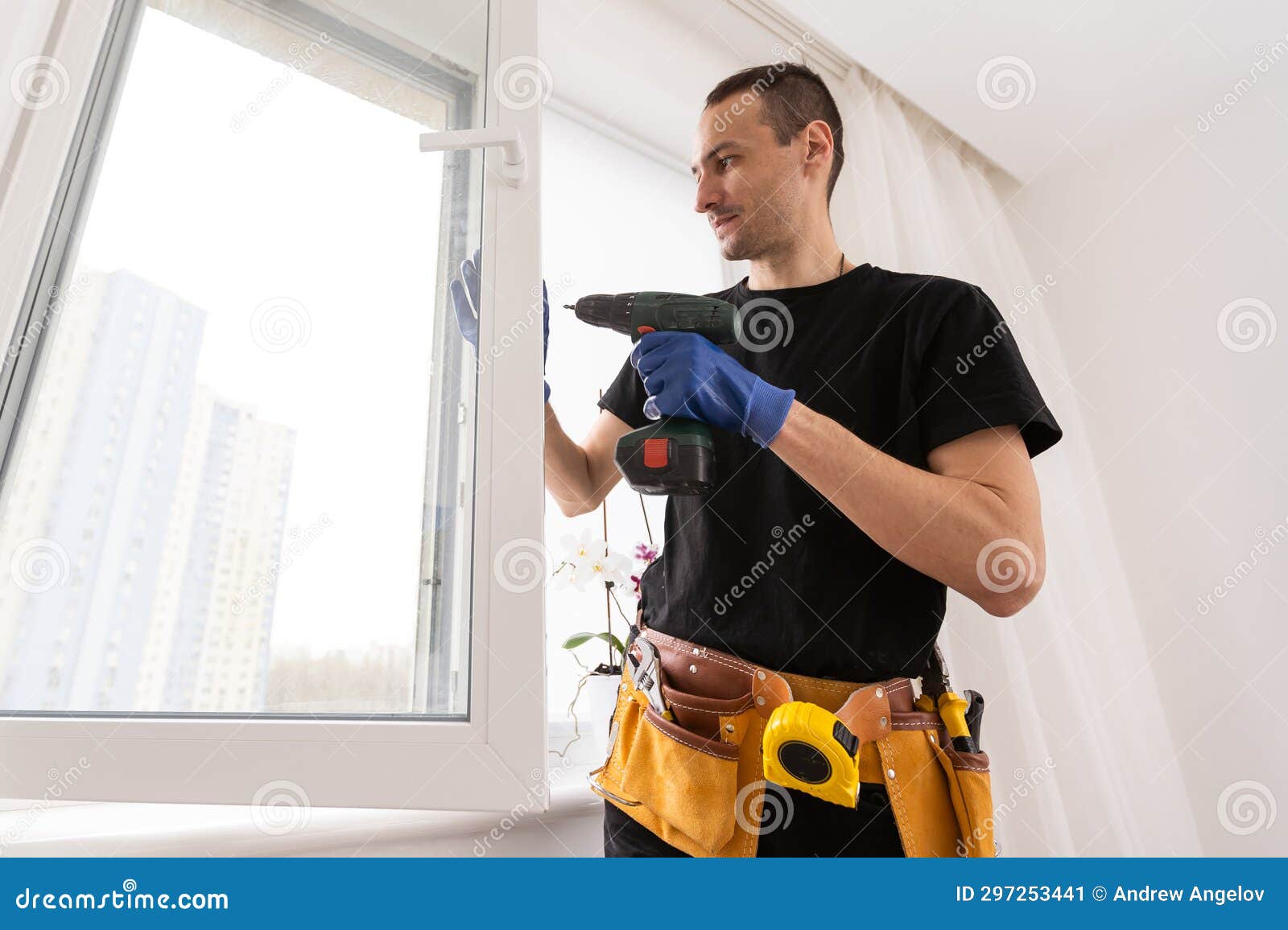Worker Adjusting Installed Window with Screwdriver Indoors, Closeup ...