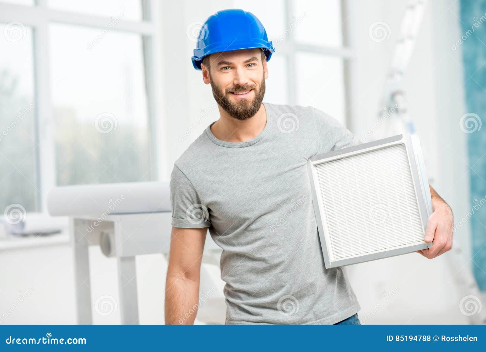 Worker with air filter stock photo. Image of clean, home - 85194788