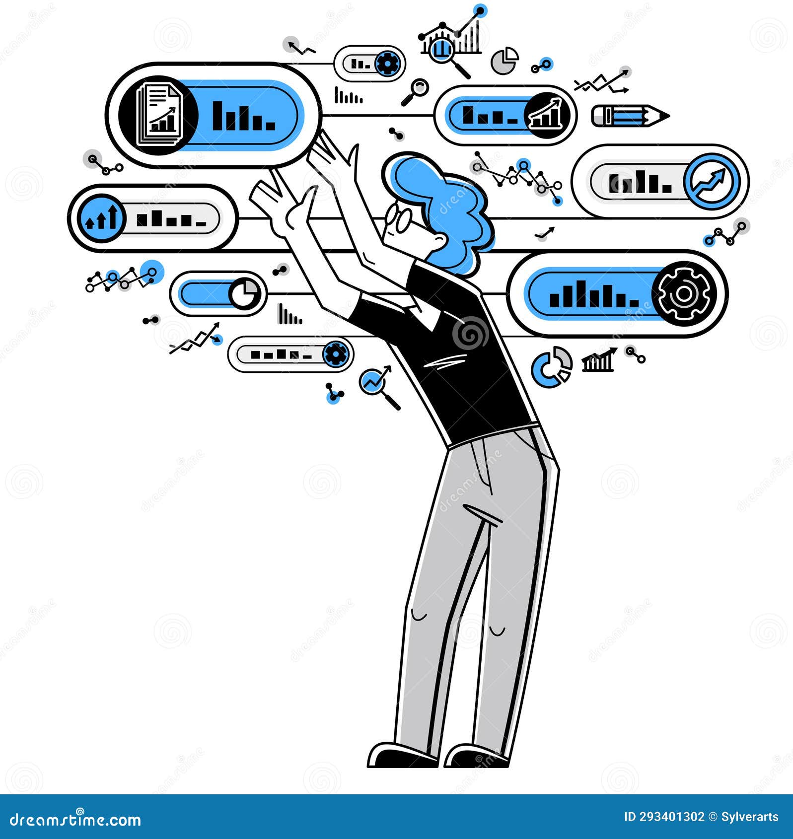 Worker Analyzes Some Data And Systematizing Information, Vector Outline Illustration, Abstract ...