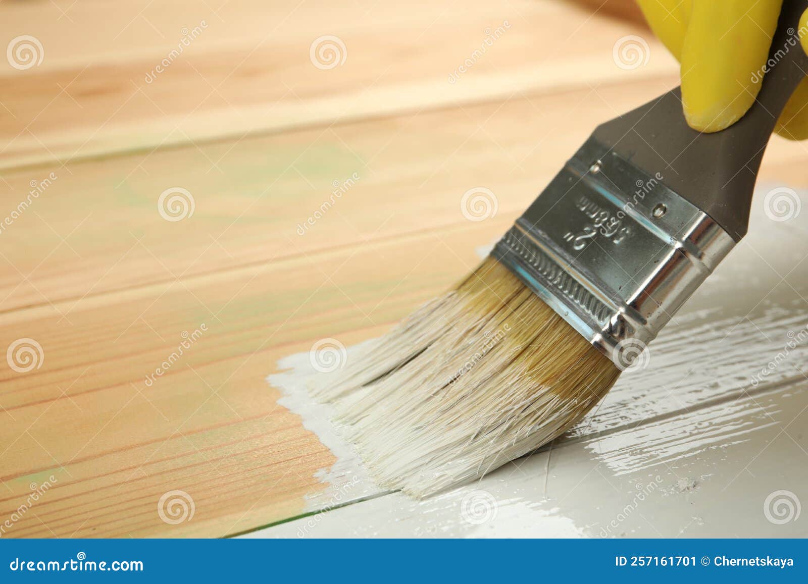 Worker Applying White Paint Onto Wooden Surface, Closeup. Space for ...
