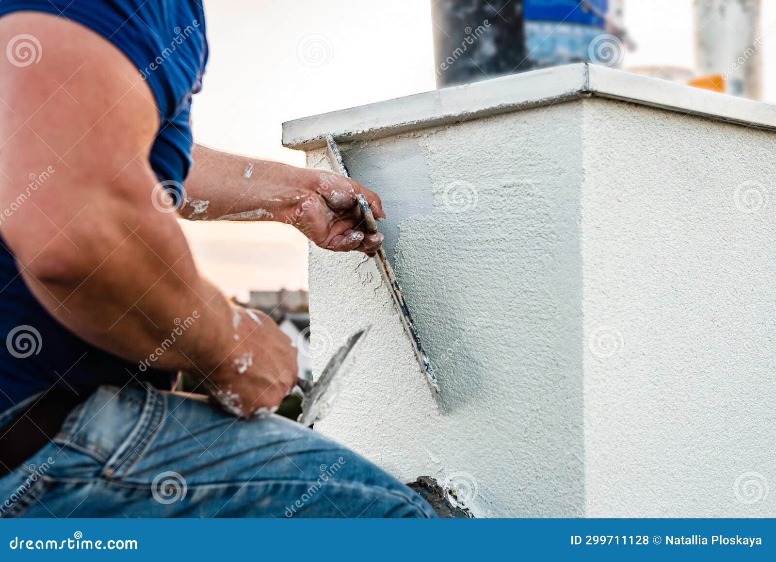 Worker Applying White Seamless Concrete Pebble-dash Plaster on Chimney ...