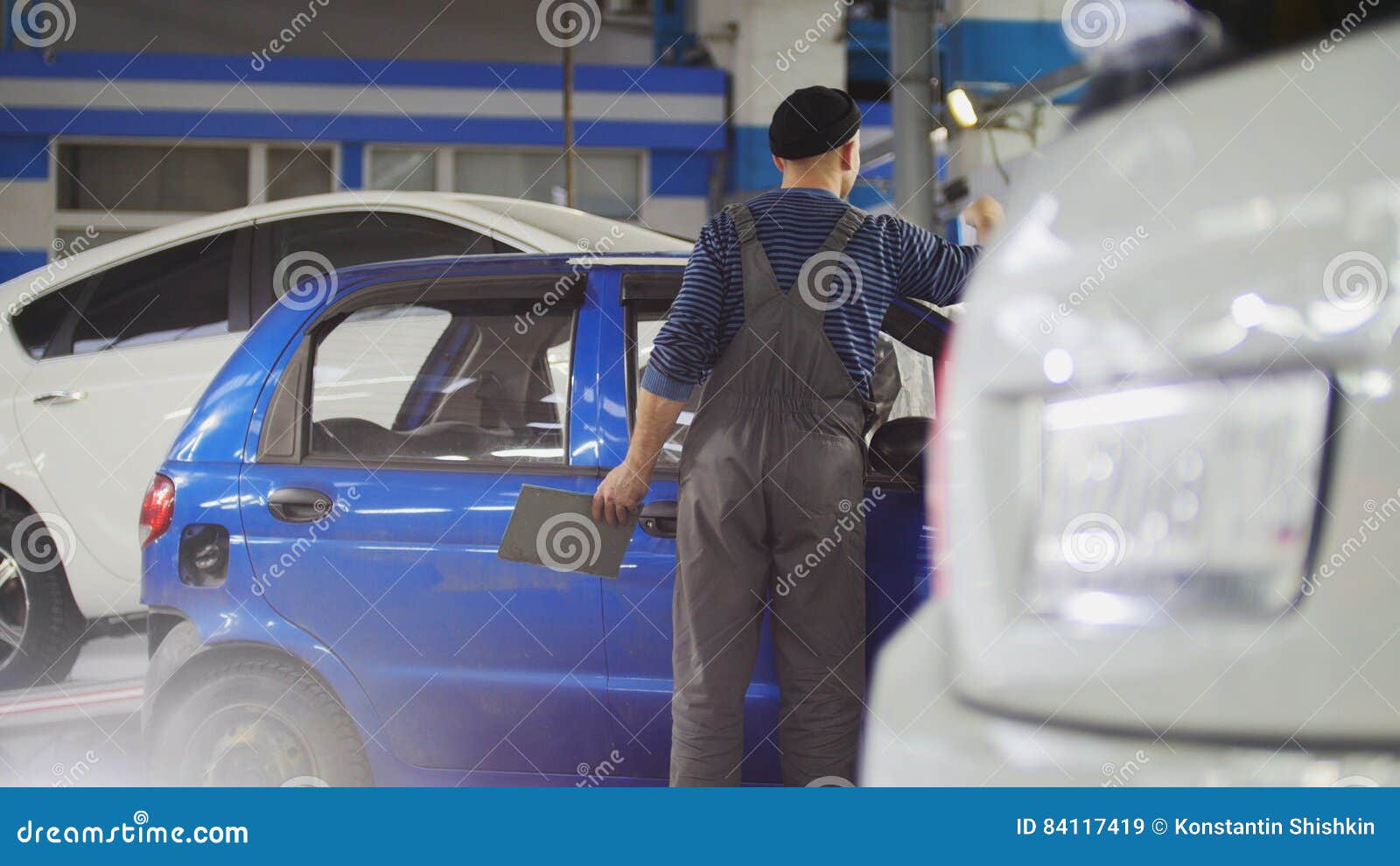 Worker in Auto Service Preparing Car for Professional Diagnostic, Close ...