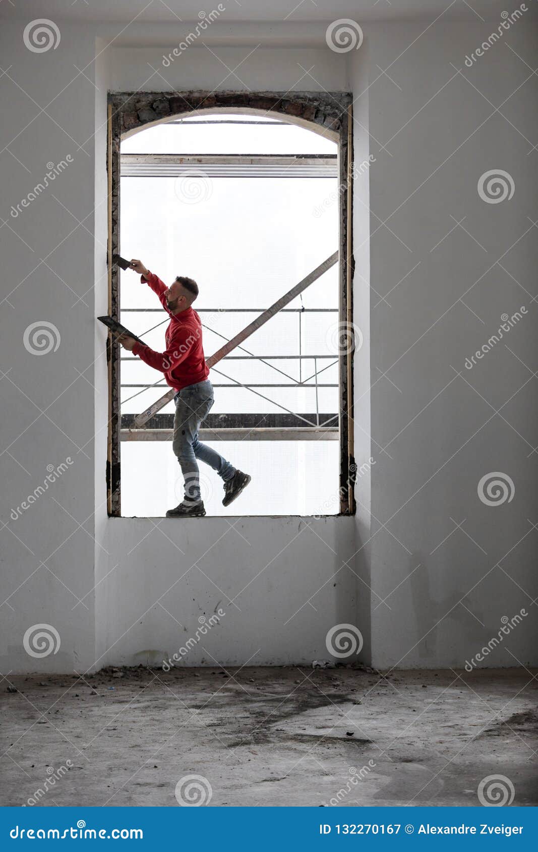 Worker Balancing on a Window while Working Stock Image - Image of ...
