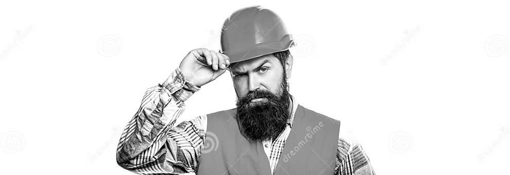 Worker Beard in Building Helmet or Hard Hat. Portrait Architect Builder, Civil Engineer Working ...