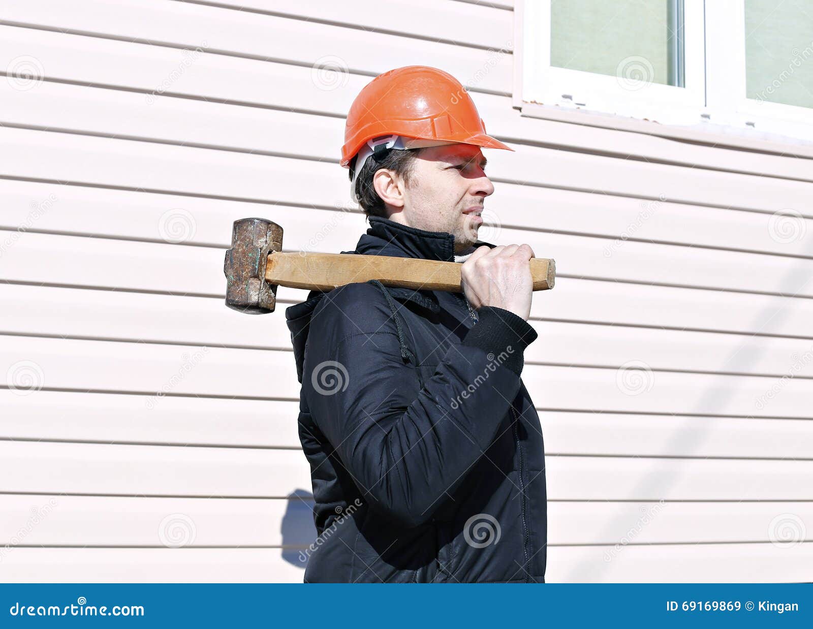 Worker with Big Sledge Hammer on the Shoulder Stock Image - Image of ...