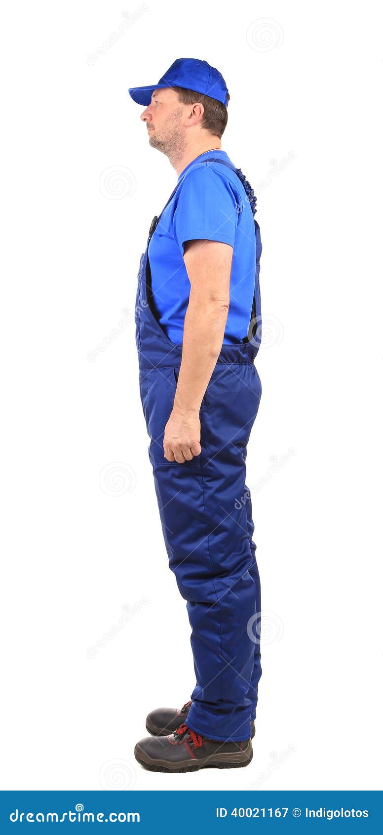 Worker in Blue Overalls. Side View Stock Image - Image of boots ...