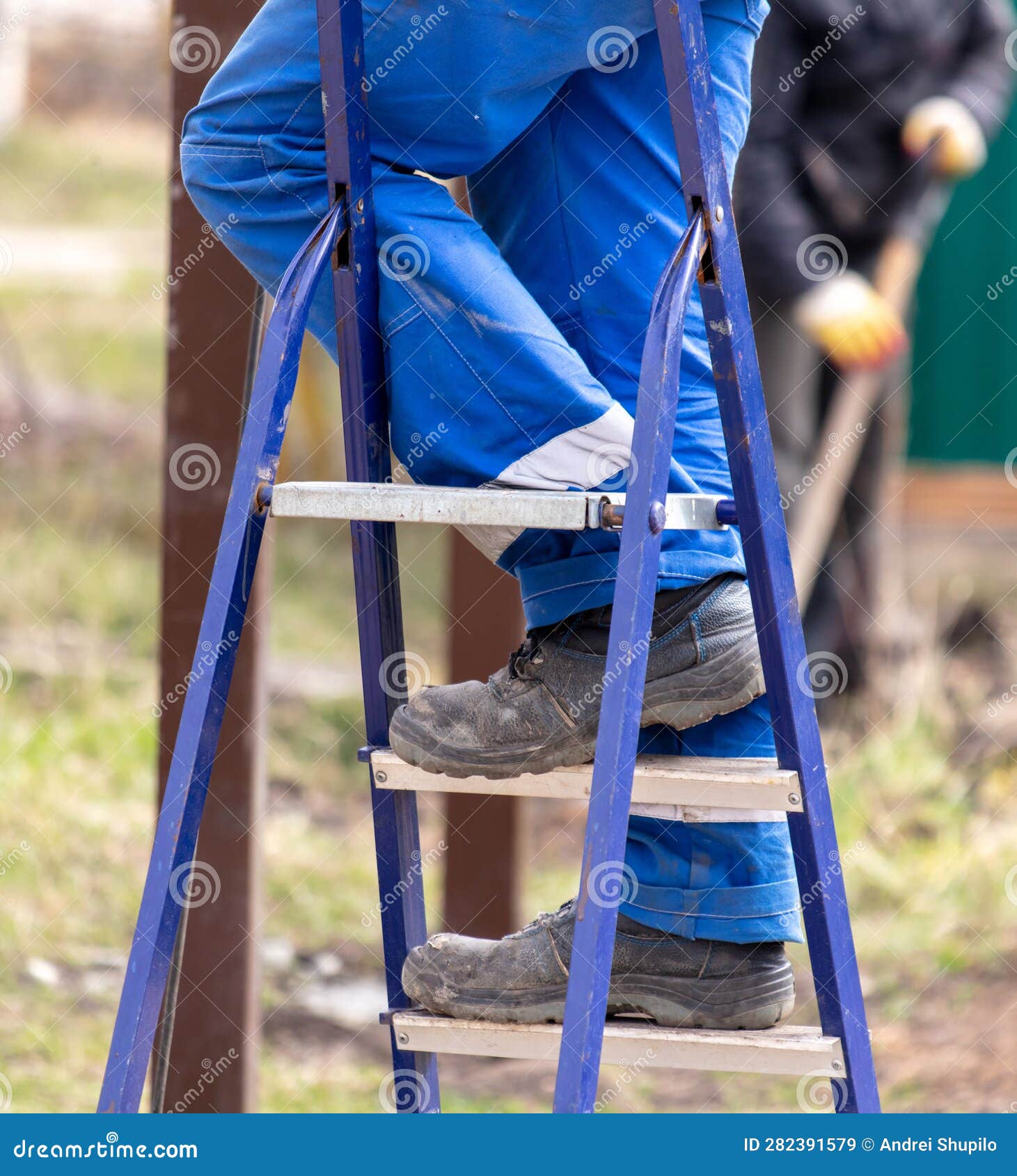 Worker in Blue Overalls Stands on a Metal Ladder in the Yard Stock ...