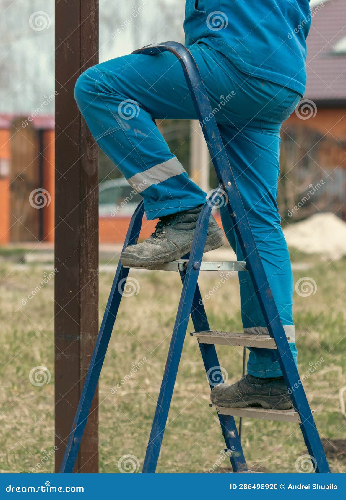 Worker in Blue Overalls Stands on a Metal Ladder in the Yard Stock ...