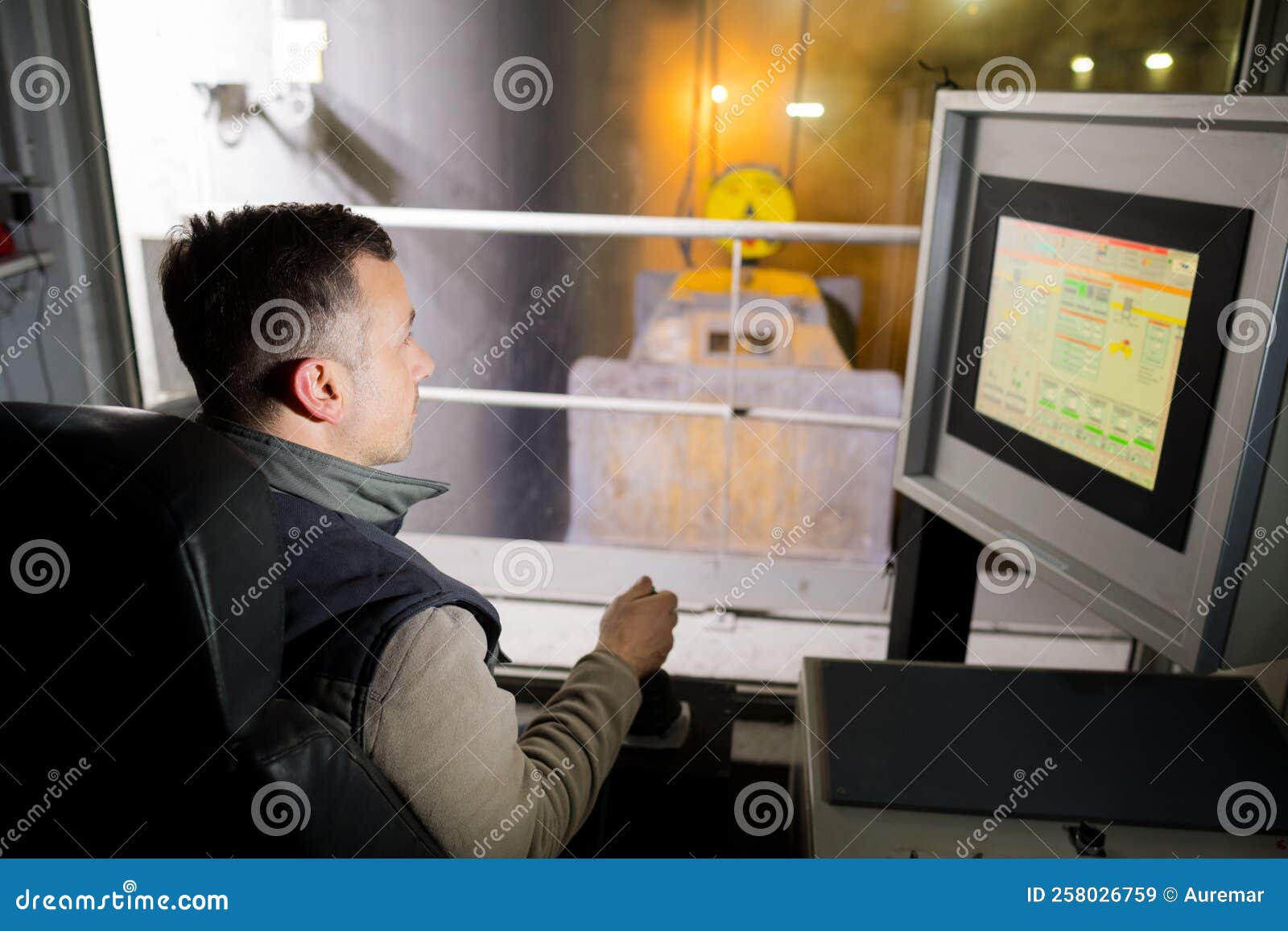 Worker in Booth Controlling Production Via Computer Stock Image - Image ...
