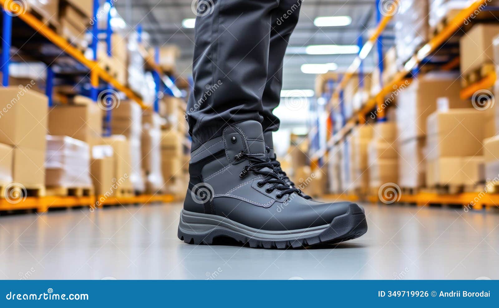 A Worker Boots in Organized Warehouse Setting. Stock Illustration ...