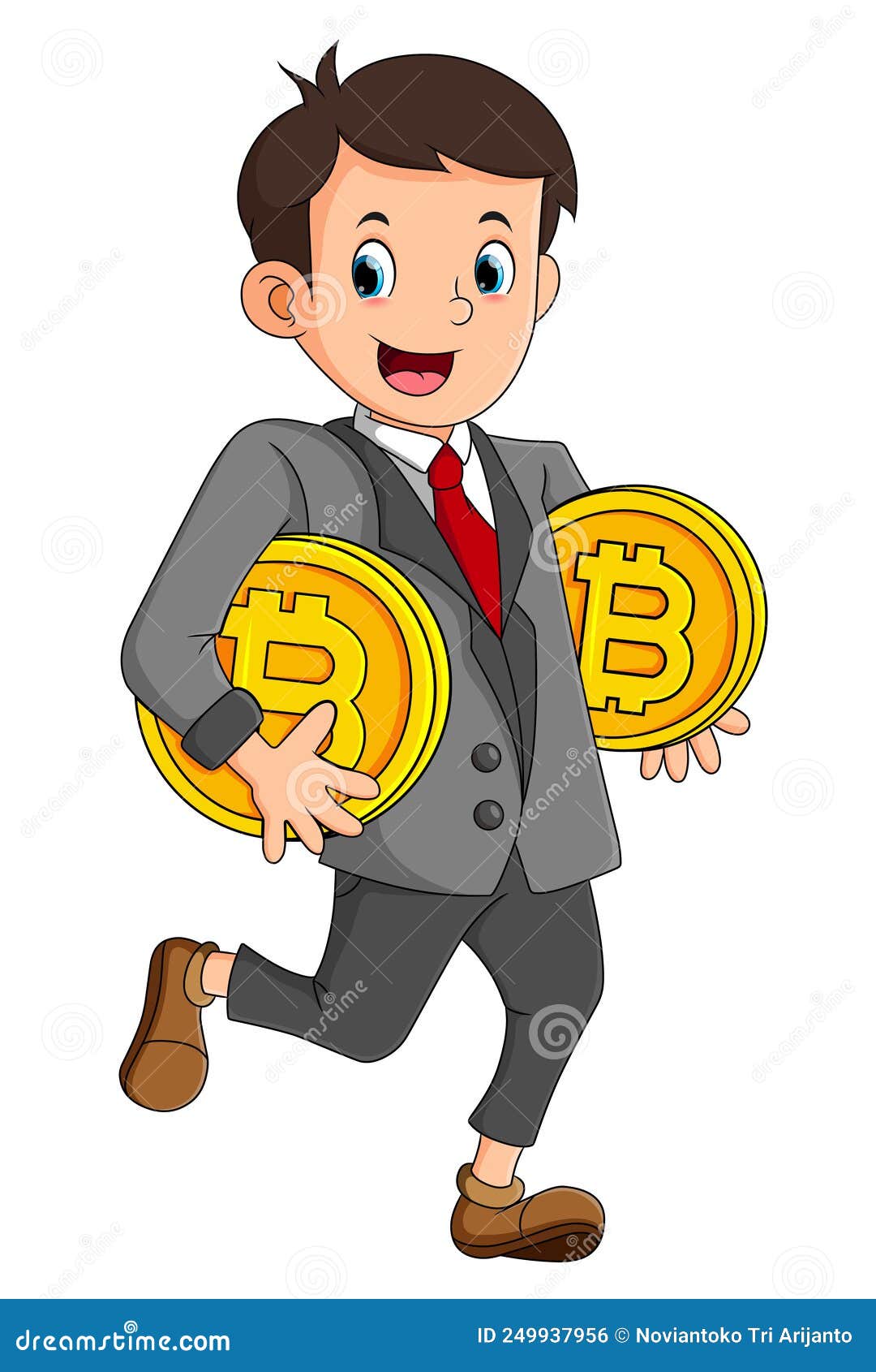 The Worker Boy is Walking and so Happy while Holding Two Bitcoins Stock ...