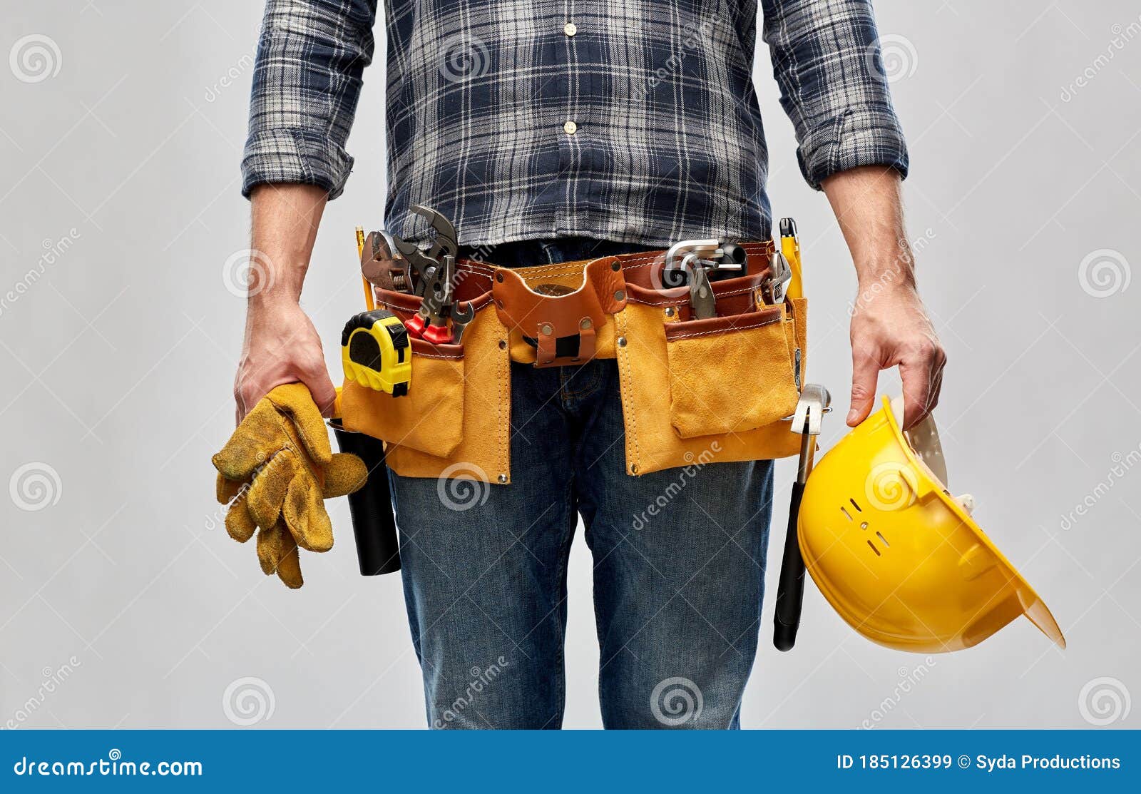 Worker or Builder with Helmet and Working Tools Stock Image - Image of ...